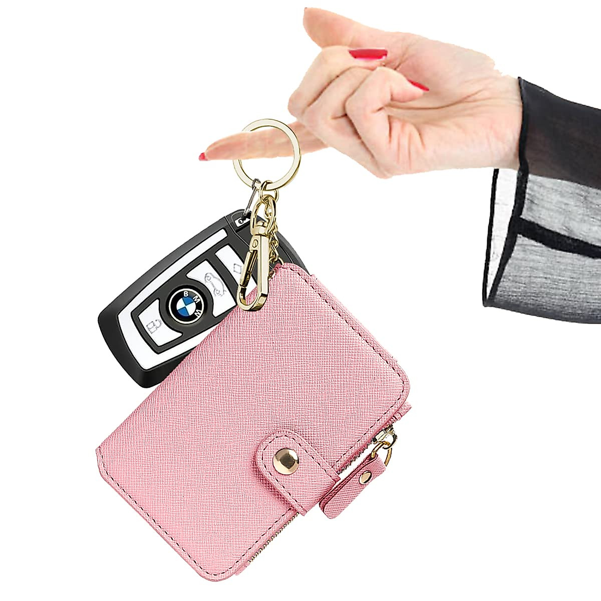 Keychain wallet with ID Window, Credit Card Holder with Zipper Card Wallet Women with Gift Box Packing(Light Pink)