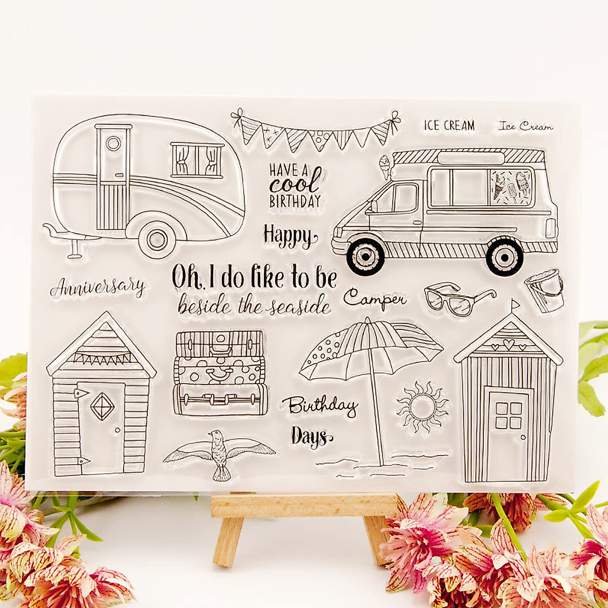 Silicone Stamp Cards, 2Pcs Camping Style Clear Stamps Cute Clear Rubber Stamps Cartoon Touring Car Seaside Spending Holiday Series Clear Stamps