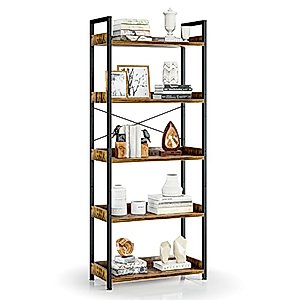 APPOLYN 5 Tier Bookshelf with 2 Hooks, Tall Bookcase, Modern Book Shelves Organizer, Bookshelves for Bedroom, Living Room and Home Office, Vintage
