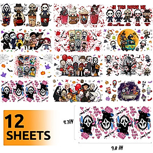 UV DTF Cup Wrap Transfer for Glass 16oz,12 Sheetes Horror UV DTF Transfers Stickers Cup Decals, Rub on Transfers Cup Stickers for Crafts, Ready to Apply, Permanent Adhesive, No Heat Needed