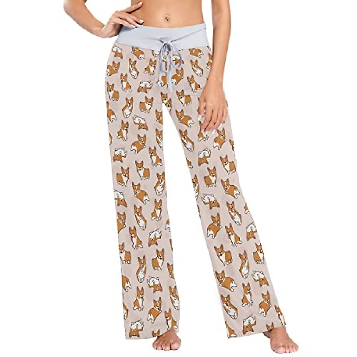 Women's Comfy Pajama Pants Cartoon Corgis Pattern Casual Drawstring Palazzo Lounge Wide Leg Pants, Medium