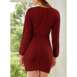 Dokotoo Women Casual Knit Mini Sweater Dresses Long Sleeve V Neck Bodycon Solid Color Cable Knit Chunky Pullover Red Jumper Tops Small