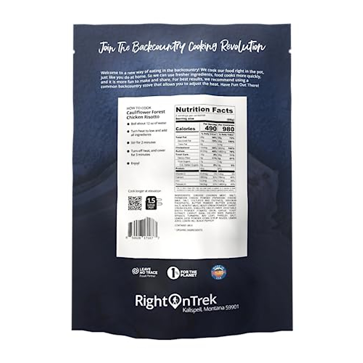 RightOnTrek Cauliflower Forest Chicken Risotto | Backpacking, Camping, Hunting Food | No soy, Keto, No gluten ingredients Adventure Meals | 2 Servings