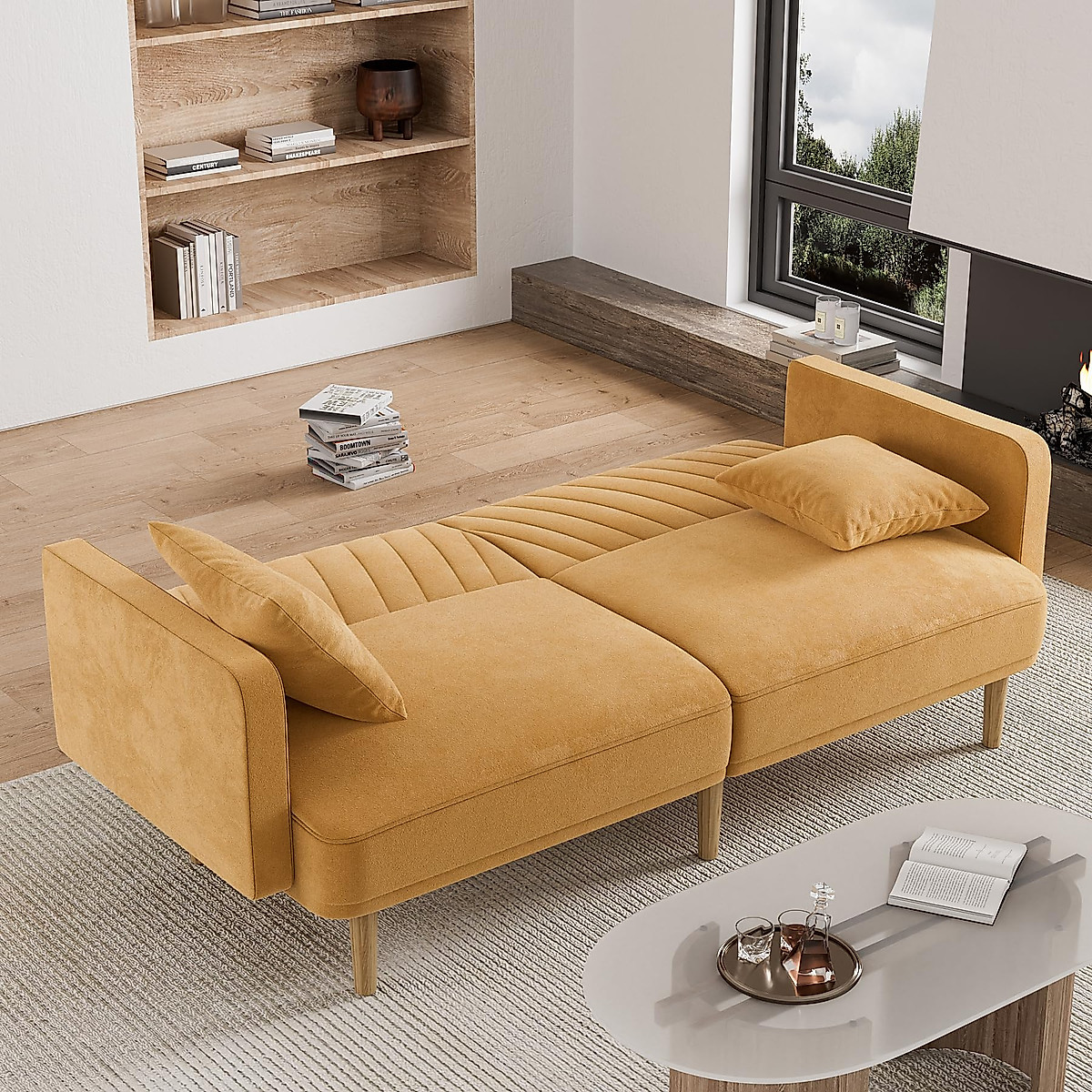 OUYESSIR Futon Sofa Bed, 75.3", Couch, Small Sofa, Sleeper Sofa, Loveseat, Mid Century Modern Velvet Futon Couch with 2 Pillows for Living Room (Yellow Velvet, Futon)
