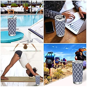 sanluoli Unique Design Dark Blue Flowers Stainless Steel bottle with straw with Straw Leak Resistant Flip coffee travel mug for outdoor simply insulated coffee tumbler 20 OZ