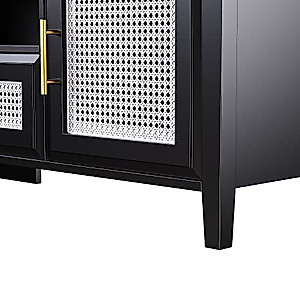 LZ LEISURE ZONE Farmhouse Rattan TV Stand for TVs up to 65", Boho Style Entertainment Center with Gold Metal Handles, Modern TV Console Table with Drawers and Cabinets for Living Room, Black