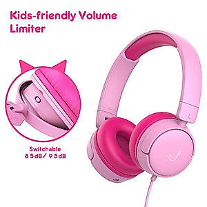 vinamass Kids Headphones, Toddler Headphones with Decorative Cat Ear, 85dB/94dB Safe Volume Limit, for Kids, Boys, Girls, Audio Sharing, Foldable Wired Children Headphones(Pink)