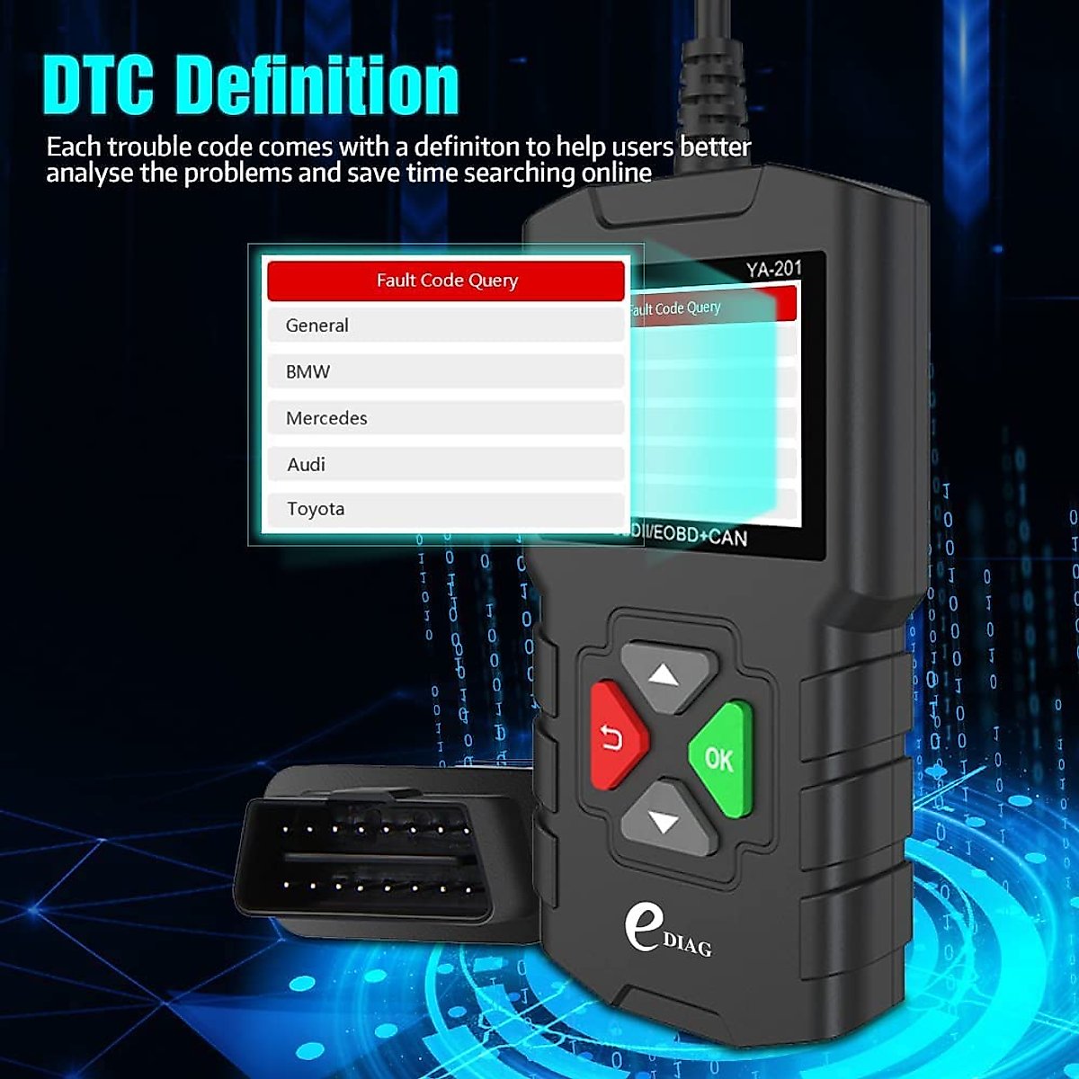 EDIAG YA-201 Obd2 Scanner, Full OBD2 Modes Check Engine Code Reader After 1996 All OBDII/EOBD/KOBD/CAN Cars, O2 Sensor EVAP Systems, Battery Test,Live Data Stream,Plug & Play