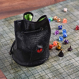 Large Dice Bag with 7 Complete Dice Sets | Black Dragon DND Dice Bag and 49 Polyhedral Dice | Green Satin Interior Lining | Man-Handles 150+ Dice