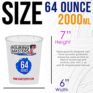 Pouring Masters 64 Ounce (2000ml) Graduated Plastic Mixing Cups (Box of 12) - Use for Paint, Resin, Epoxy, Art, Kitchen, Cooking, Baking - Measurements in OZ. and ML., 4 Different Measuring Ratios 1:1