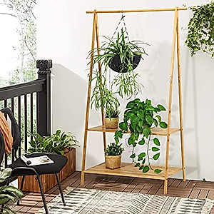 Giantex 2-Tier Bamboo Clothing Rack, 5.3Ft Freestanding Clothes Organizer Rack with Anti-tipping Devices, Cloth Hanger Standing Rack with Bottom Storage Shelves, Garment Racks for Hanging Clothes