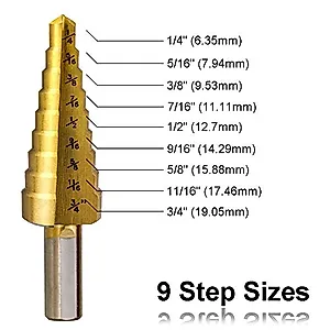 Saiper Titanium Step Drill Bit 1/4" to 3/4" (9 Step Sizes) High Speed Steel Triangle Handle Step Drill Bits Drill Holes for Plastic, Aluminum, PV Plate