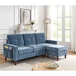 Lepfun 80” Convertible Sectional Sofa Couch, Practical 3 Seats L-Shape Sofa with Removable Cushions and Pocket, Rubber Wood Legs, Suitable for Apartment,Living Room and Office,Navy Chenille