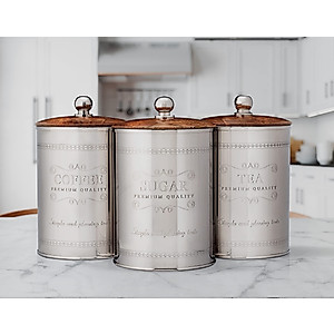 Old Dutch International 3 PC Nostalgia Etched, Tea, Coffee, Sugar, 1.4 Qt Each Canister Set, Silver/wood (21848)
