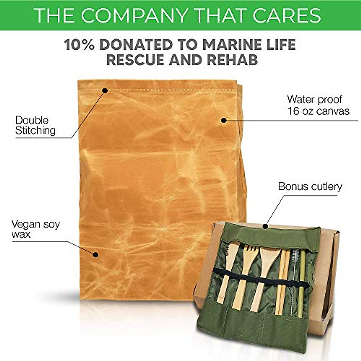 ECO/EGO Eco-Friendly Canvas Lunch Bag Set. 1 heavy duty and waterproof waxed canvas lunch bag/ 1 bamboo cutlery set (1 knife,1 fork,1 spoon,2 chopsticks,1 straw,1 cleaning brush,1 travel pouch).