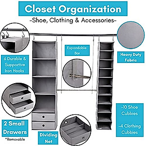 BIRDROCK HOME 5pc Hanging Closet Organizer System with Storage Shelves - Grey - Shoe Clothing Organization - Great for College Dorms or Kid Bedrooms Nursery