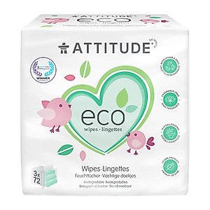 ATTITUDE Biodegradable Baby Wipes, Plant Based Unscented Diaper Wipes for Babies and Newborn, Dermatologically Tested, Vegan, 72 Count (Pack of 3)
