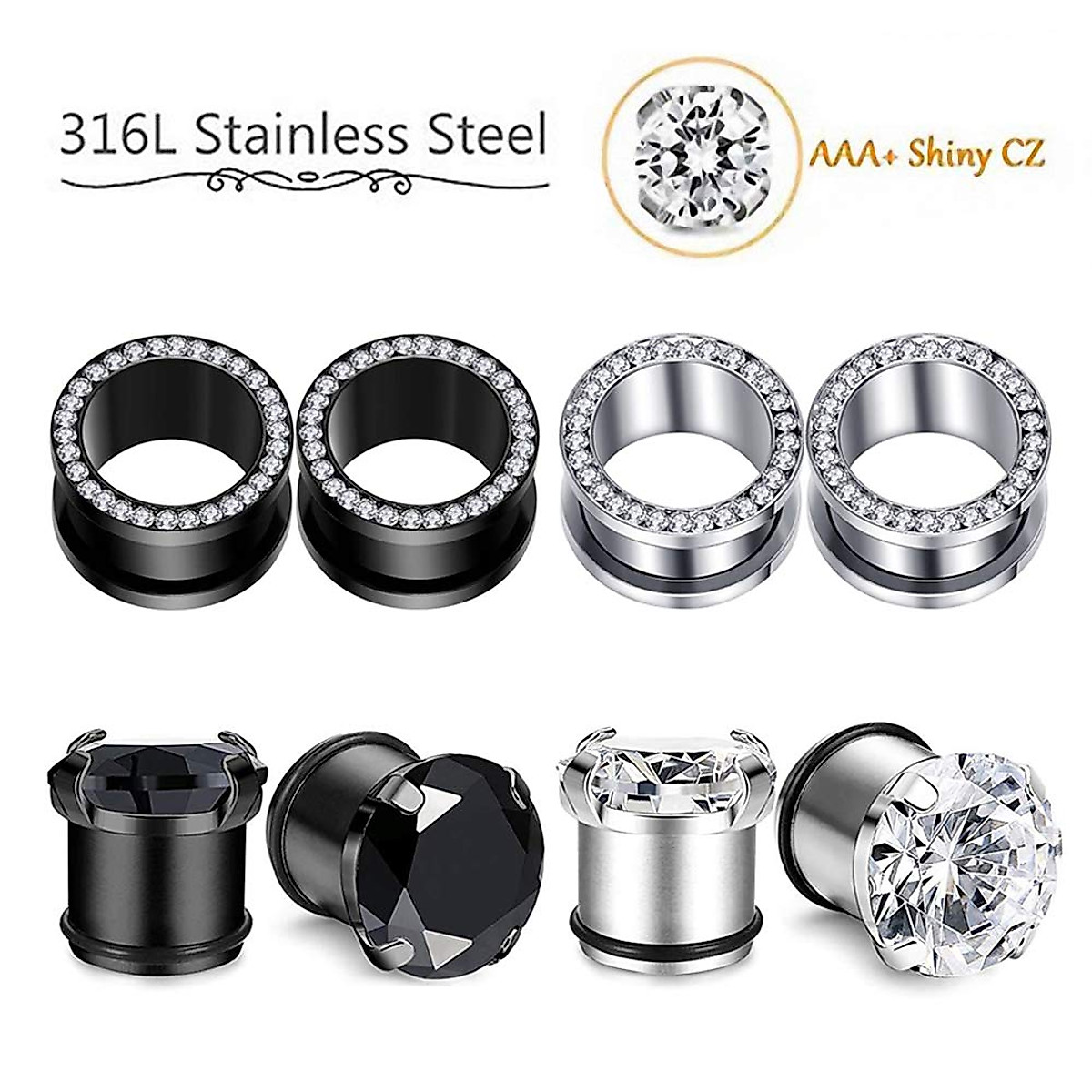 Beautidots 10 Pairs Screw Fit Ear Gauges Surgical Steel Tunnels CZ Ear Stretcher Plugs Body Piercing Jewelry for Women Men Size 2g-5/8 (00g(10mm))