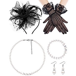 1920s Black Fascinators Hat Set for Women Tea Party Headband Lace Gloves Pearl Jewelry Set Cocktail Tea Party Banquet Wedding Halloween Retro Tiara