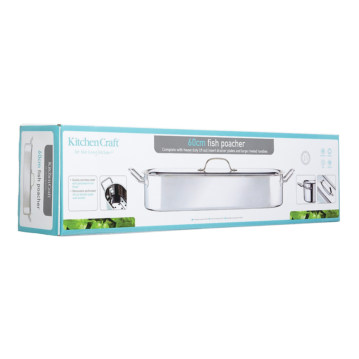 KitchenCraft Fish Kettle, Stainless Steel Induction, Polished, Large, 61.5 x 18.5 x 10.5cm, Silver