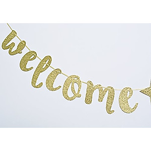 Qttier Welcome Home Gold Glitter Banner for Housewarming Patriotic Military Decoration Family Party Supplies Cursive Bunting Photo Booth Props Assembled Sign ( Gold )
