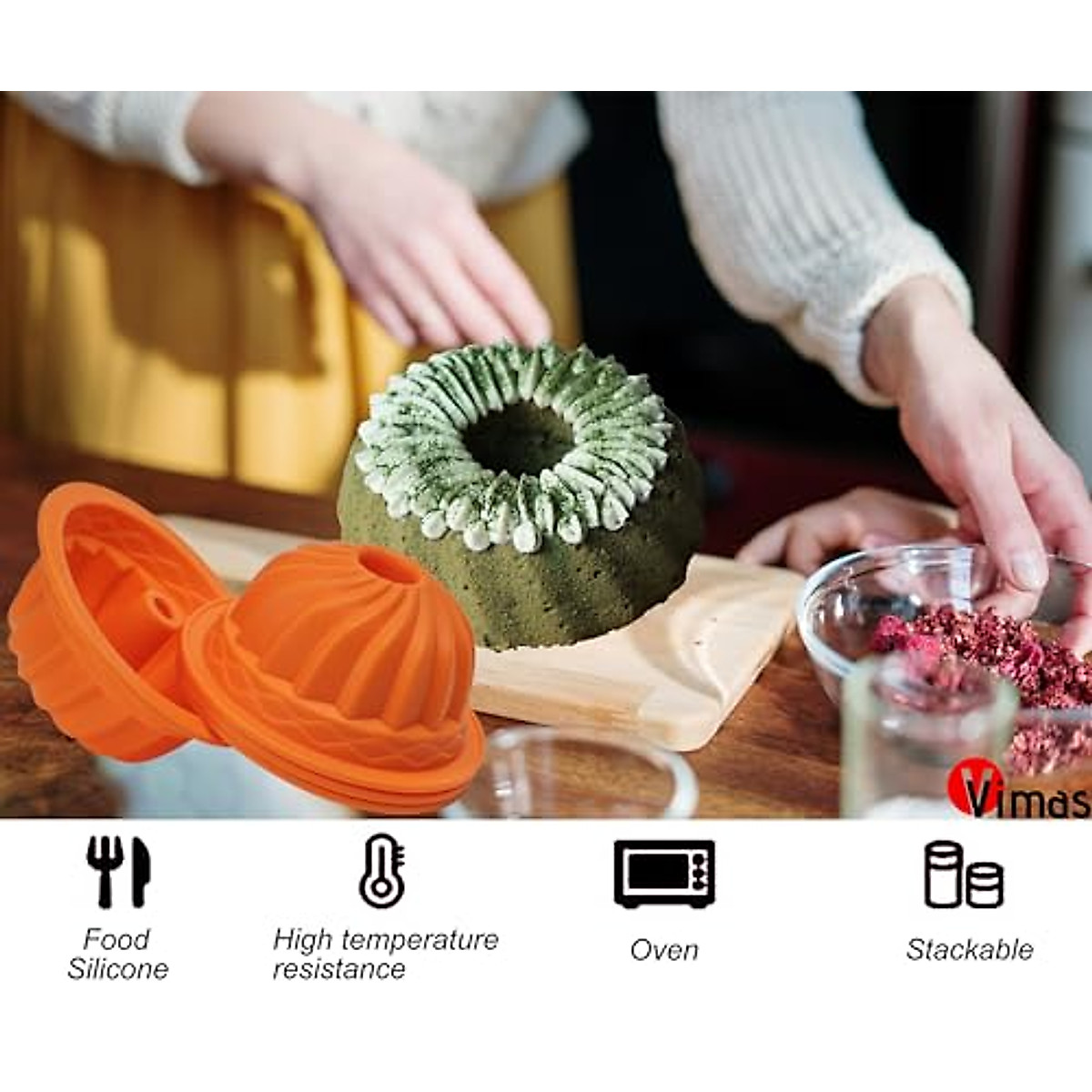 Vimas 4 PCS Extra-Thick Silicone Fluted Cake Pan, 4 IN Silicone Tube Cake Pan, Nonstick Baking Molds for Muffin, Jello and Gelatin (Orange)