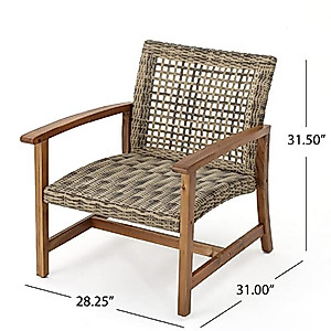 Christopher Knight Home Hampton Outdoor Mid-Century Wicker Club Chairs with Acacia Wood Frame, 4-Pcs Set, Natural Stained / Grey