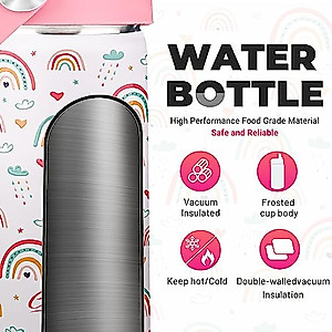 Charcy 12 oz Insulated Water Bottle for Kids, Portable Sports Water Cup Flask with Handle, Travel Thermos Mug, Pink adjustable lid - White Rainbow