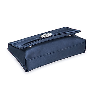 CHARMING TAILOR Evening Bag for Women Pleated Flap Satin Formal Purse Diamantes Brooch Embellished Clutch (Navy)