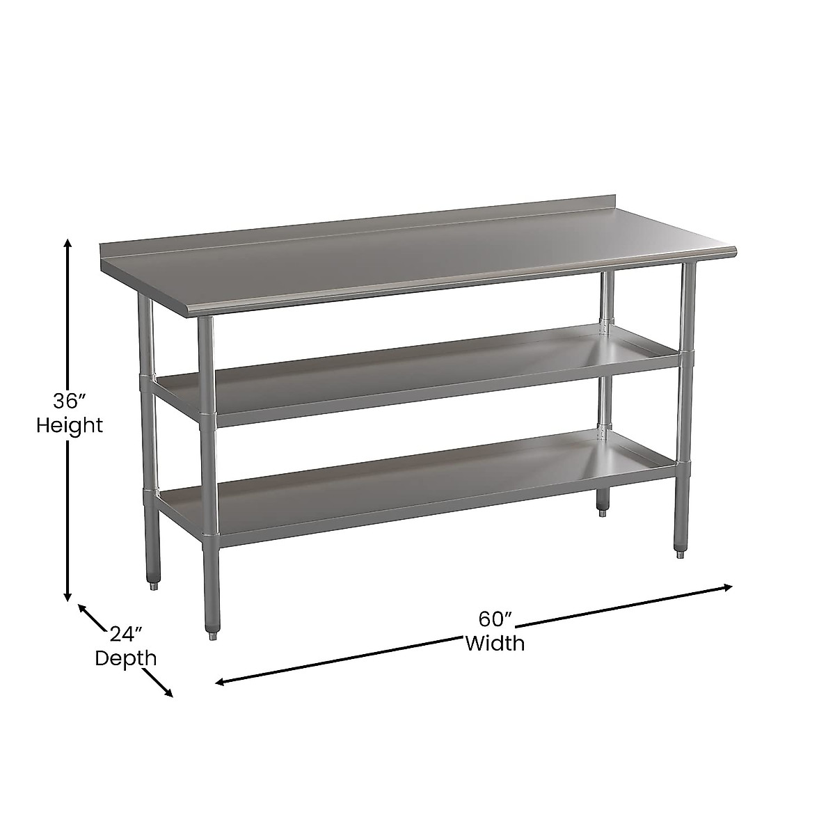 Flash Furniture Randolph Stainless Steel 18 Gauge Work Table with 1.5" Backsplash and 2 Undershelves - 60"W x 24"D x 36"H, NSF