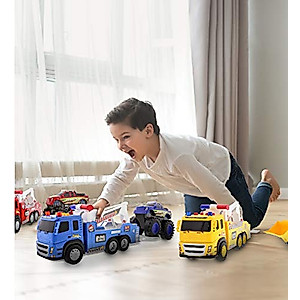 Mozlly Friction Powered Emergency Tow Truck Toys Set of 3 - Assorted Color Towing Trucks with Big Racing Monster Trucks & Bulldozer, Interactive Sound & Light - 3 Pack