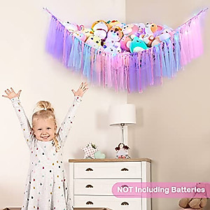 Unicorn Castle Stuffed Animals Hammock Net Kids Toy Storage With Led Light Stuffed Animals Holder Coner Hanging Toy Organizer For Nursery Kids Cute Room Decor