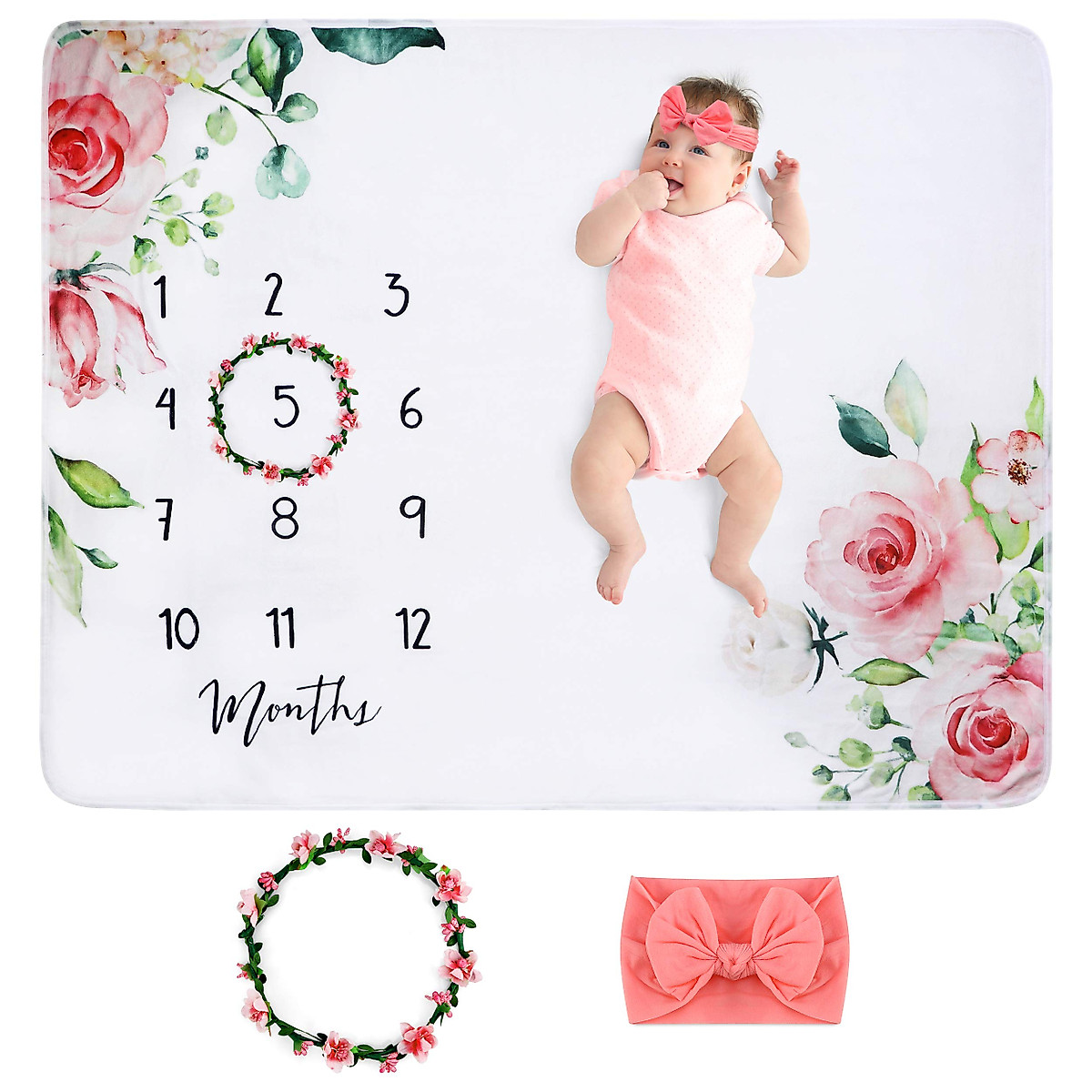 AMAHLE Baby Monthly Milestone Blanket for Girl Boy- Bonus: Wreath + Headband- Premium Fleece with 3D Digital Printing | Best Baby Shower | Newborn Photography