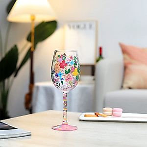 NymphFable Hand Painted Wildflowers Wine Glasses Birthday Wine Glass Birthday Gift for Women with Personalised Gift Box, 15oz