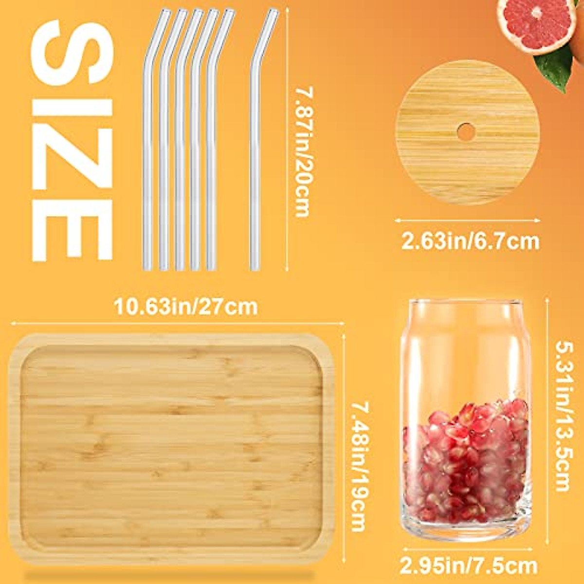 Weselljars 6pcs Glass Cups with Bamboo Lids Glass Straws and Tray, 16oz Beer Glasses Can Shaped Glass Cups, Tumbler Glass Cup for Iced Tea, Cocktail, Whiskey, Coffee, Wine and Water