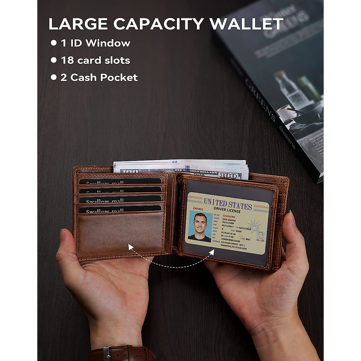 Swallowmall Mens Wallet RFID Genuine Leather Bifold Wallets For Men, ID Window 16 Card Holders Gift Box (Brown (No Zipper))