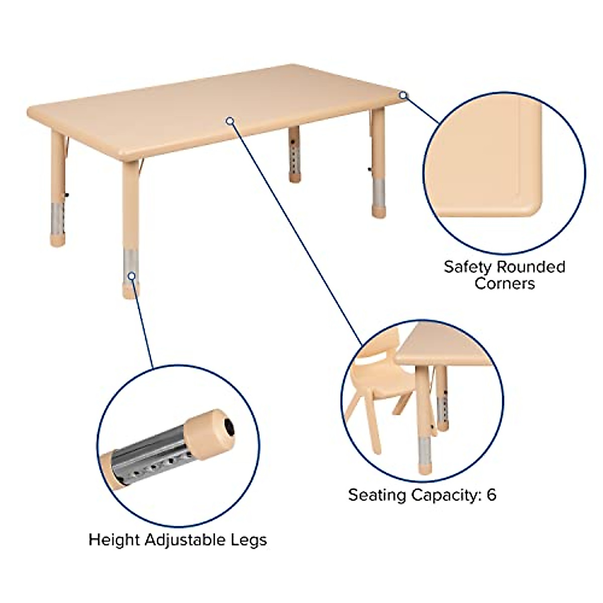 Flash Furniture Emmy 24"W x 48"L Rectangular Natural Plastic Height Adjustable Activity Table Set with 4 Chairs