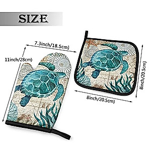 Blue Sea Turtle Nautical Map Area Oven Mitts Pot Holders Sets Heat Resistant Insulated 356°F/180℃ Non-Slip Waterproof Gloves Hot Pads Potholders for Kitchen Decorative Cooking Baking Grilling BBQ