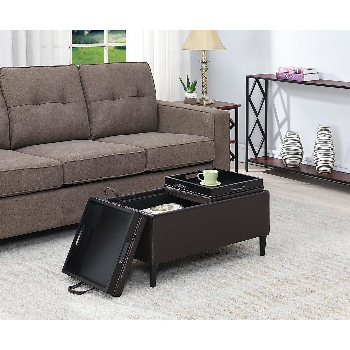 Convenience Concepts Designs4Comfort Magnolia Storage Ottoman with Reversible Trays, Espresso Faux Leather