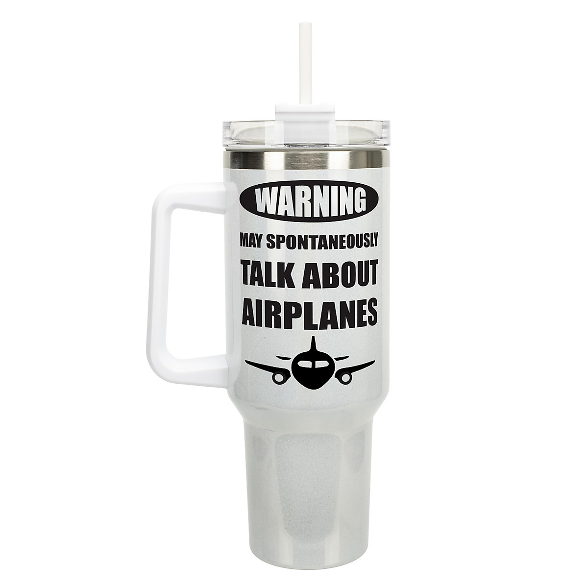 Elanze Designs Warning May Talk About Airplanes Pilot 40 oz. Stainless Steel, Large Water Bottle Coffee Mug, Spill & Leak Resistant, Thermal Travel Tumbler with Handle, Lid & Straw, White Shimmer