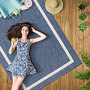 Beverly Rug Waikiki Indoor Outdoor Rug 5x7, Washable Outside Carpet for Patio, Deck, Porch, Bordered Modern Area Rug, Water Resistant, Blue - White