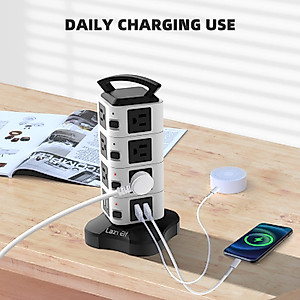Surge Protector Power Strip Tower with Night Light, Lazy Elf Extension Cord 8 AC Multi Smart Plug Outlets with 4 USB Ports, Flat Plug Outlet (White)