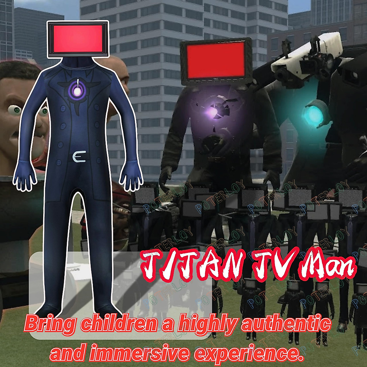 Poterloy TV Man Cosplay Jumpsuit For Boy Halloween Costume Skibidi Toilet Bodysuit Speaker Man 3d Prnint Patterns with MaskFor Game Fans 6-7 Years