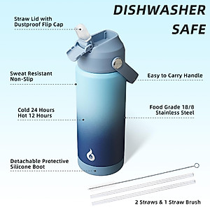 BJPKPK Insulated Water Bottle with Straw Lid, 18oz Thermos Water Bottles with Soft Nozzle, Flex Handle & Non-slip Boot, BPA Free Leak Proof Stainless Steel Metal Thermos, Tumblers, Cups,Sky