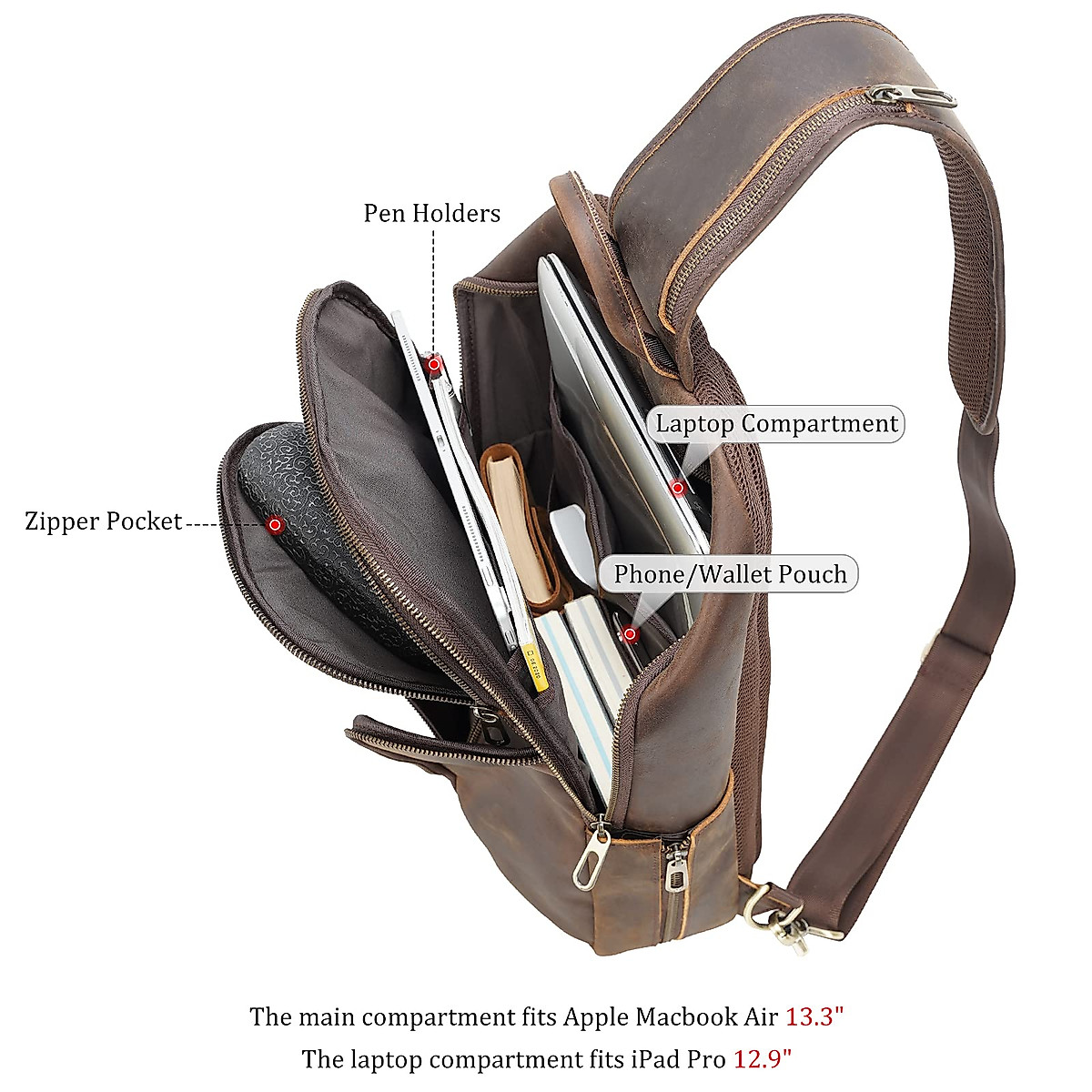 Polare Vintage Full Grain Leather Sling Bag for Men Multipurpose Daypack Shoulder Chest Crossbody Bag Travel Backpack Large Fits iPad Pro 12.9''