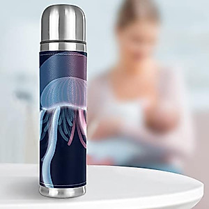 Stainless Steel Leather Vacuum Insulated Mug Jellyfish Thermos Water Bottle for Hot and Cold Drinks Kids Adults 16 Oz