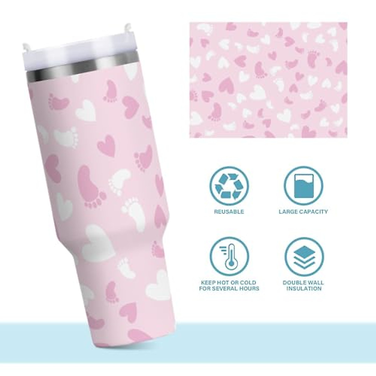 DIGTIA Stainless Steel Insulated Tumbler w/Handle & Straw, Pink Heart Double Wall Vacuum Travel Coffee Mug Cup w/Lid, Leak-Proof Sports Cute Water Bottle,40oz