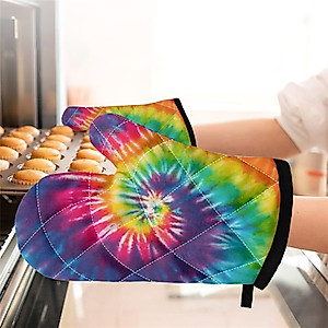 BIGCARJOB Set of 2 Pack Kitchen Oven Gloves Pot Pads with Rainbow Tie Dye Printed Oven Mit Set Womens Girls BBQ Gloves Pot Mats Potholders for Kitchen Baking Cooking
