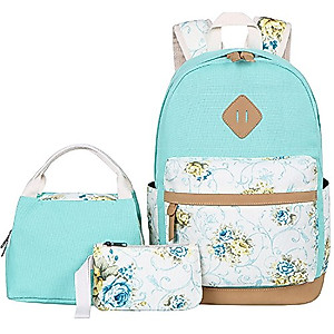 Bluboon Canvas School Backpack Set 3 Pieces Lightweight Teen Girls Bookbags Insulated Lunch Bag Pencil Case (Water Green-flower)
