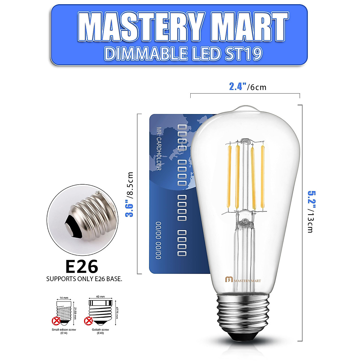 MASTERY MART Dimmable E26 Edison Bulbs 6 Pack, 5.5W LED Light Bulbs (60W Equivalent), Cool White 4000K, Clear Glass ST19 ST21
